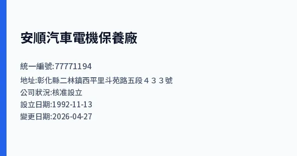 安順汽車電機保養廠的照片-統編 77771194(彰化縣) 公司登記資料與營業項目詳細圖表