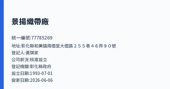 景揚織帶廠的照片-統編 77785269(彰化縣) 公司登記資料與營業項目詳細圖表