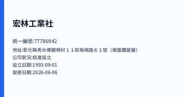 宏林工業社的照片-統編 77786942(彰化縣) 公司登記資料與營業項目詳細圖表