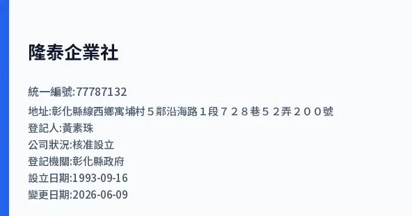 隆泰企業社的照片-統編 77787132(彰化縣) 公司登記資料與營業項目詳細圖表