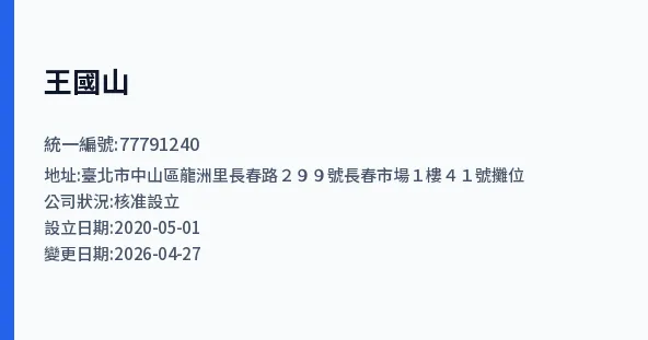 王國山的照片-統編 77791240(臺北市) 公司登記資料與營業項目詳細圖表