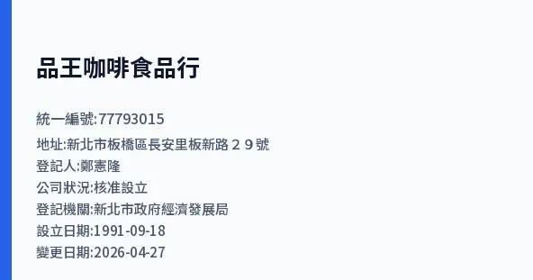 品王咖啡食品行的照片-統編 77793015(新北市) 公司登記資料與營業項目詳細圖表