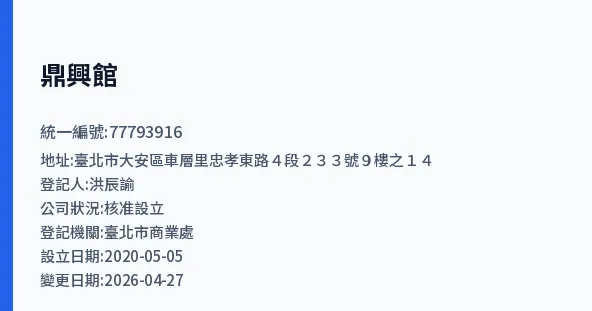 鼎興館的照片-統編 77793916(臺北市) 公司登記資料與營業項目詳細圖表