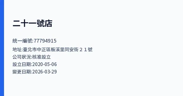 二十一號店的照片-統編 77794915(臺北市) 公司登記資料與營業項目詳細圖表