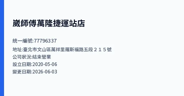 崴師傅萬隆捷運站店的照片-統編 77796337(臺北市) 公司登記資料與營業項目詳細圖表