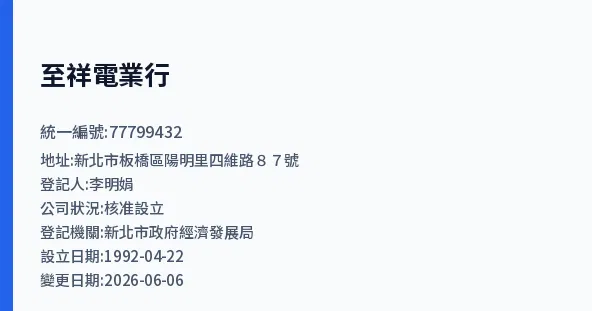 至祥電業行的照片-統編 77799432(新北市) 公司登記資料與營業項目詳細圖表