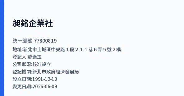 昶銘企業社的照片-統編 77800819(新北市) 公司登記資料與營業項目詳細圖表