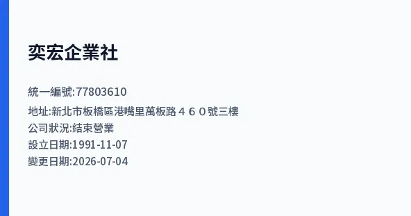 奕宏企業社的照片-統編 77803610(新北市) 公司登記資料與營業項目詳細圖表