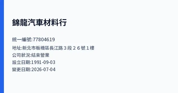 錦龍汽車材料行的照片-統編 77804619(新北市) 公司登記資料與營業項目詳細圖表