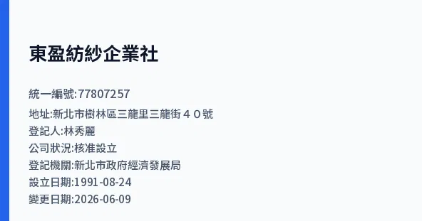 東盈紡紗企業社的照片-統編 77807257(新北市) 公司登記資料與營業項目詳細圖表