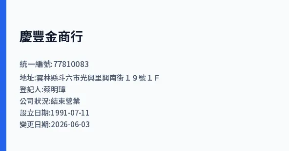 慶豐金商行的照片-統編 77810083(雲林縣) 公司登記資料與營業項目詳細圖表