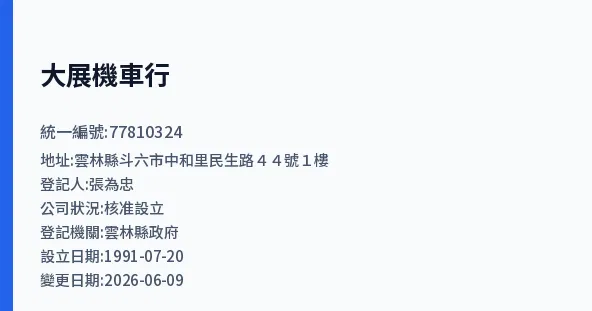 大展機車行的照片-統編 77810324(雲林縣) 公司登記資料與營業項目詳細圖表