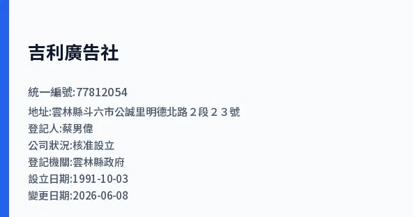 吉利廣告社的照片-統編 77812054(雲林縣) 公司登記資料與營業項目詳細圖表