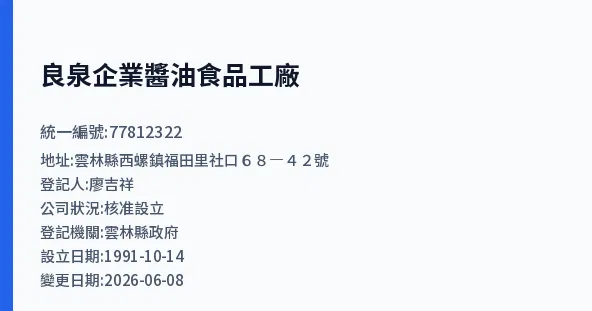 良泉企業醬油食品工廠的照片-統編 77812322(雲林縣) 公司登記資料與營業項目詳細圖表