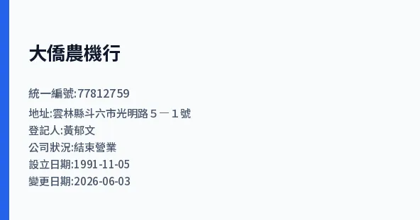 大僑農機行的照片-統編 77812759(雲林縣) 公司登記資料與營業項目詳細圖表