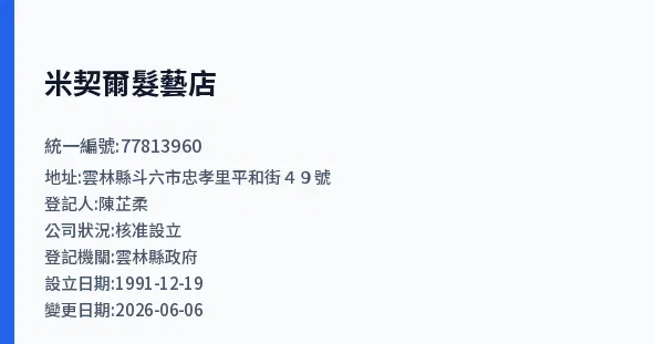 米契爾髮藝店的照片-統編 77813960(雲林縣) 公司登記資料與營業項目詳細圖表