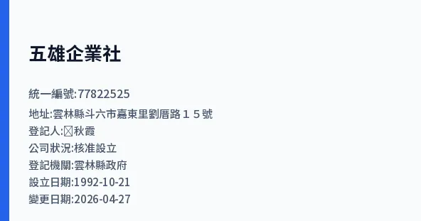 五雄企業社的照片-統編 77822525(雲林縣) 公司登記資料與營業項目詳細圖表
