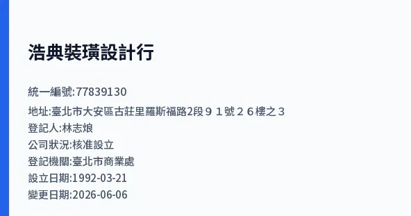 浩典裝璜設計行的照片-統編 77839130(臺北市) 公司登記資料與營業項目詳細圖表