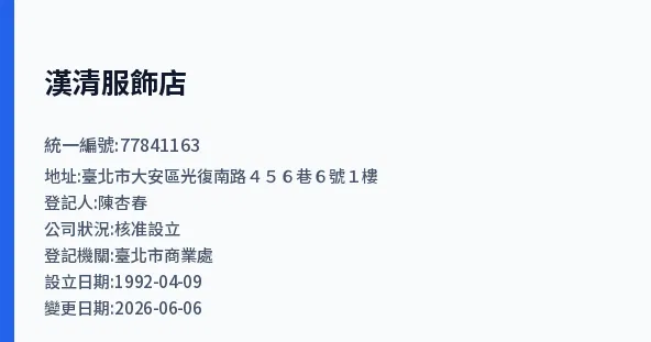 漢清服飾店的照片-統編 77841163(臺北市) 公司登記資料與營業項目詳細圖表