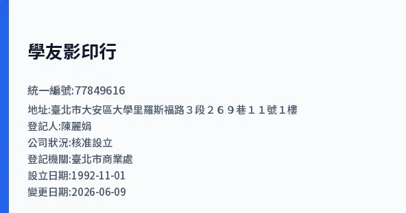 學友影印行的照片-統編 77849616(臺北市) 公司登記資料與營業項目詳細圖表