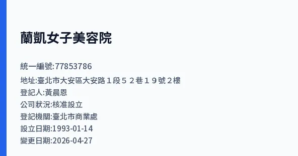 蘭凱女子美容院的照片-統編 77853786(臺北市) 公司登記資料與營業項目詳細圖表
