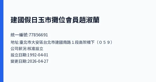 建國假日玉市攤位會員趙淑蘭的照片-統編 77856691(臺北市) 公司登記資料與營業項目詳細圖表