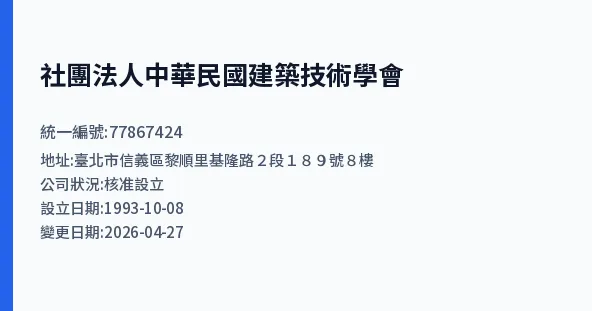 社團法人中華民國建築技術學會的照片-統編 77867424(臺北市) 公司登記資料與營業項目詳細圖表