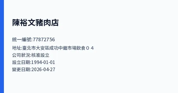 陳裕文豬肉店的照片-統編 77872756(臺北市) 公司登記資料與營業項目詳細圖表