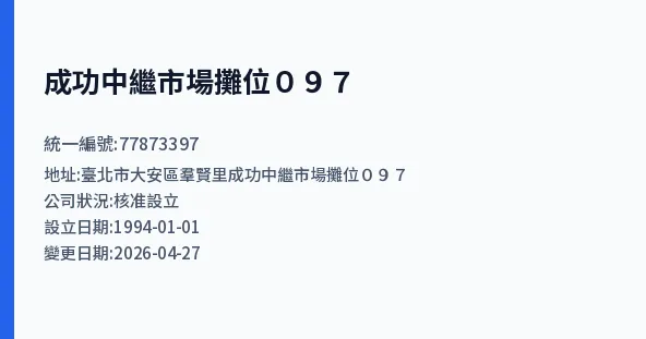 成功中繼市場攤位097的照片-統編 77873397(臺北市) 公司登記資料與營業項目詳細圖表
