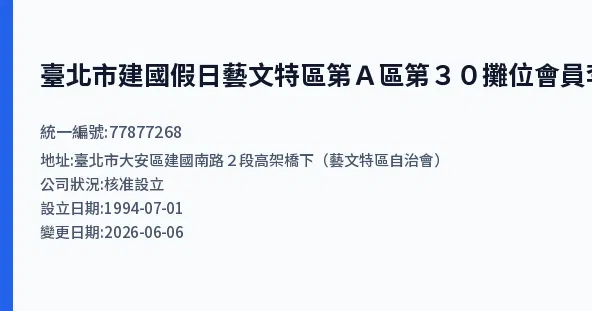 臺北市建國假日藝文特區第A區第30攤位會員李旭東的照片-統編 77877268(臺北市) 公司登記資料與營業項目詳細圖表