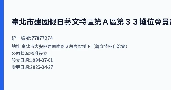 臺北市建國假日藝文特區第A區第33攤位會員高寶秀的照片-統編 77877274(臺北市) 公司登記資料與營業項目詳細圖表