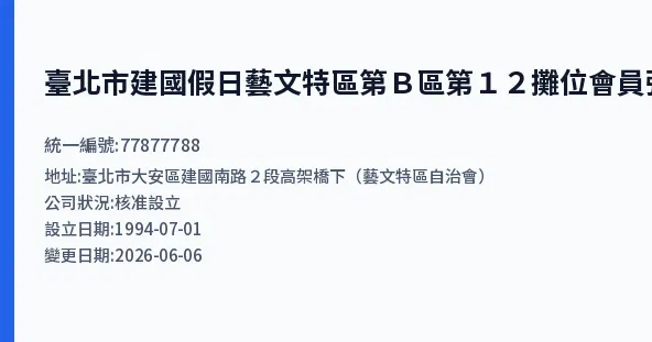 臺北市建國假日藝文特區第B區第12攤位會員張少立的照片-統編 77877788(臺北市) 公司登記資料與營業項目詳細圖表