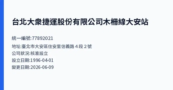 台北大衆捷運股份有限公司木柵線大安站的照片-統編 77892021(臺北市) 公司登記資料與營業項目詳細圖表