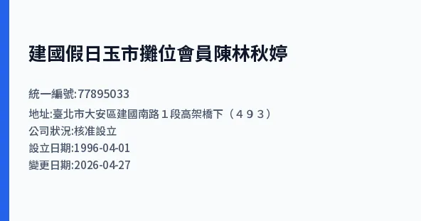 建國假日玉市攤位會員陳林秋婷的照片-統編 77895033(臺北市) 公司登記資料與營業項目詳細圖表