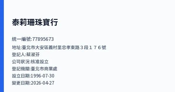 泰莉珊珠寶行的照片-統編 77895673(臺北市) 公司登記資料與營業項目詳細圖表