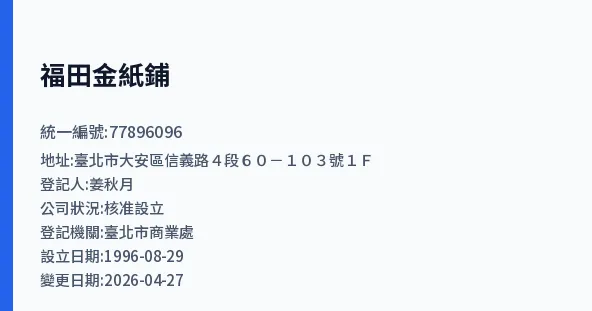 福田金紙鋪的照片-統編 77896096(臺北市) 公司登記資料與營業項目詳細圖表