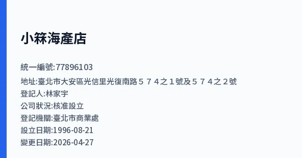 小箖海產店的照片-統編 77896103(臺北市) 公司登記資料與營業項目詳細圖表