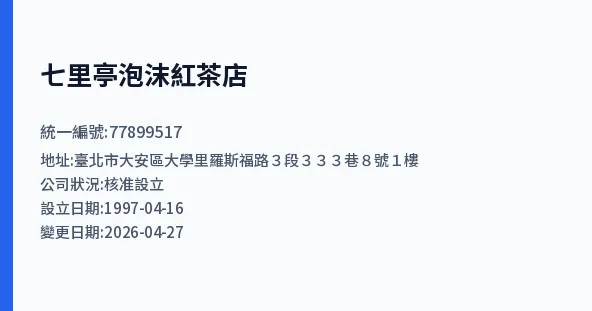 七里亭泡沫紅茶店的照片-統編 77899517(臺北市) 公司登記資料與營業項目詳細圖表