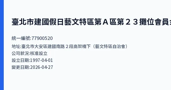 臺北市建國假日藝文特區第A區第23攤位會員余宏仁的照片-統編 77900520(臺北市) 公司登記資料與營業項目詳細圖表