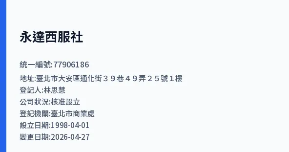 永達西服社的照片-統編 77906186(臺北市) 公司登記資料與營業項目詳細圖表