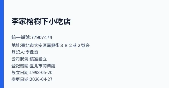 李家榕樹下小吃店的照片-統編 77907474(臺北市) 公司登記資料與營業項目詳細圖表