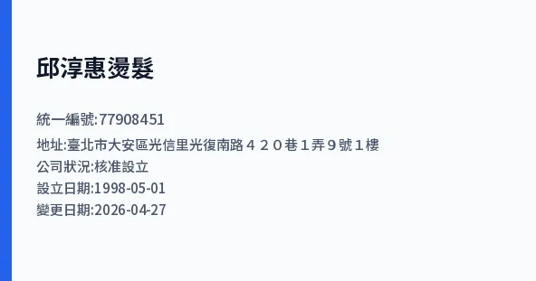 邱淳惠燙髮的照片-統編 77908451(臺北市) 公司登記資料與營業項目詳細圖表