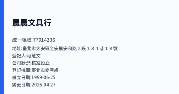 晨晨文具行的照片-統編 77914236(臺北市) 公司登記資料與營業項目詳細圖表