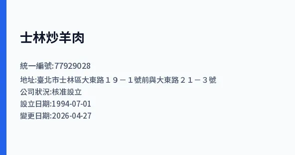 士林炒羊肉的照片-統編 77929028(臺北市) 公司登記資料與營業項目詳細圖表