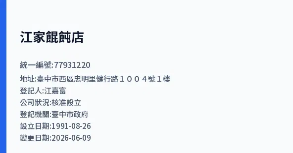 江家餛飩店的照片-統編 77931220(臺中市) 公司登記資料與營業項目詳細圖表
