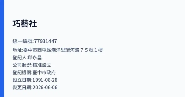 巧藝社的照片-統編 77931447(臺中市) 公司登記資料與營業項目詳細圖表
