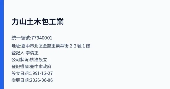 力山土木包工業的照片-統編 77940001(臺中市) 公司登記資料與營業項目詳細圖表