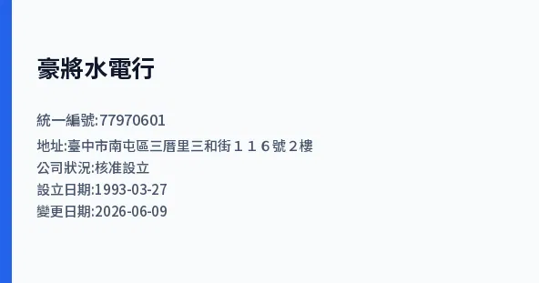 豪將水電行的照片-統編 77970601(臺中市) 公司登記資料與營業項目詳細圖表