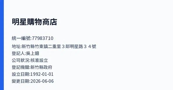 明星購物商店的照片-統編 77983710(新竹縣) 公司登記資料與營業項目詳細圖表