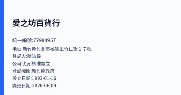 愛之坊百貨行的照片-統編 77984957(新竹縣) 公司登記資料與營業項目詳細圖表